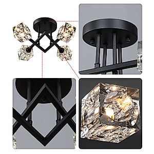 AMZASA Modern Semi Flush Mount Ceiling Light, Black Dining Room Light Fixtures,4-Lights Geometric Crystal Chandelier for Bedroom Entryway Hallway Porch Laundry Room