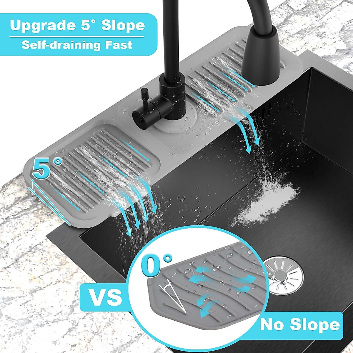 5°slope kitchen sink splash guard behind faucet-gray silicone faucet handle drip catcher tray-18inch mat for sink accessories with soap dispenser hole-water clear gadgets also bathroom organizer