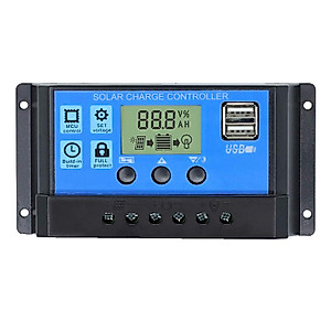 30A Solar Charge Controller 12V/ 24V Solar Panel Charge Controller Dual USB Charge Regulator Intelligent, Adjustable Parameter LCD Display and Timer Setting ON/Off Hours