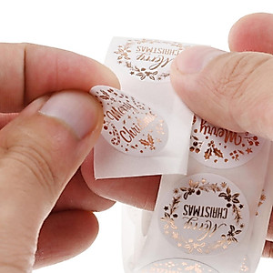 NUOMI 1000 Pcs Merry Christmas Stickers Round Adhesive Seal Labels Rose Gold Foil Stamping with Flower for Xmas Decor Cards Envelope Gift Packaging, 1 Inch