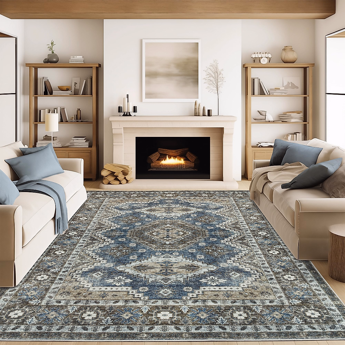 Rugland 8x10 Area Rugs - Stain Resistant Washable Rug, Anti Slip Backing Rugs for Living Room, Vintage Tribal Area Rugs(TPR07-Green, 8'x10')