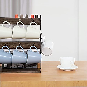 Wood Coffee Mug Rack Holder Stand with Metal Frame and Wooden Shelf for Coffee, Countertop 2 Tier Tea Cups Display Organizer for Home & Kitchen