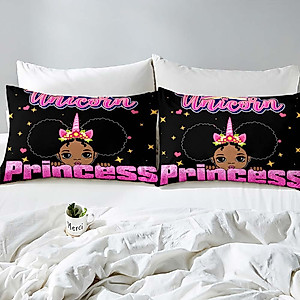 LUVIVIHOME 2PCS Unicorn Afro Princess Bedding Set, Pink Black Duvet Cover Twin, Kids Toddler Girls Bedding, African American Girl Cute Black Girl Magic Comforter Bedspread Quilt Cover, 1 Pillow Case