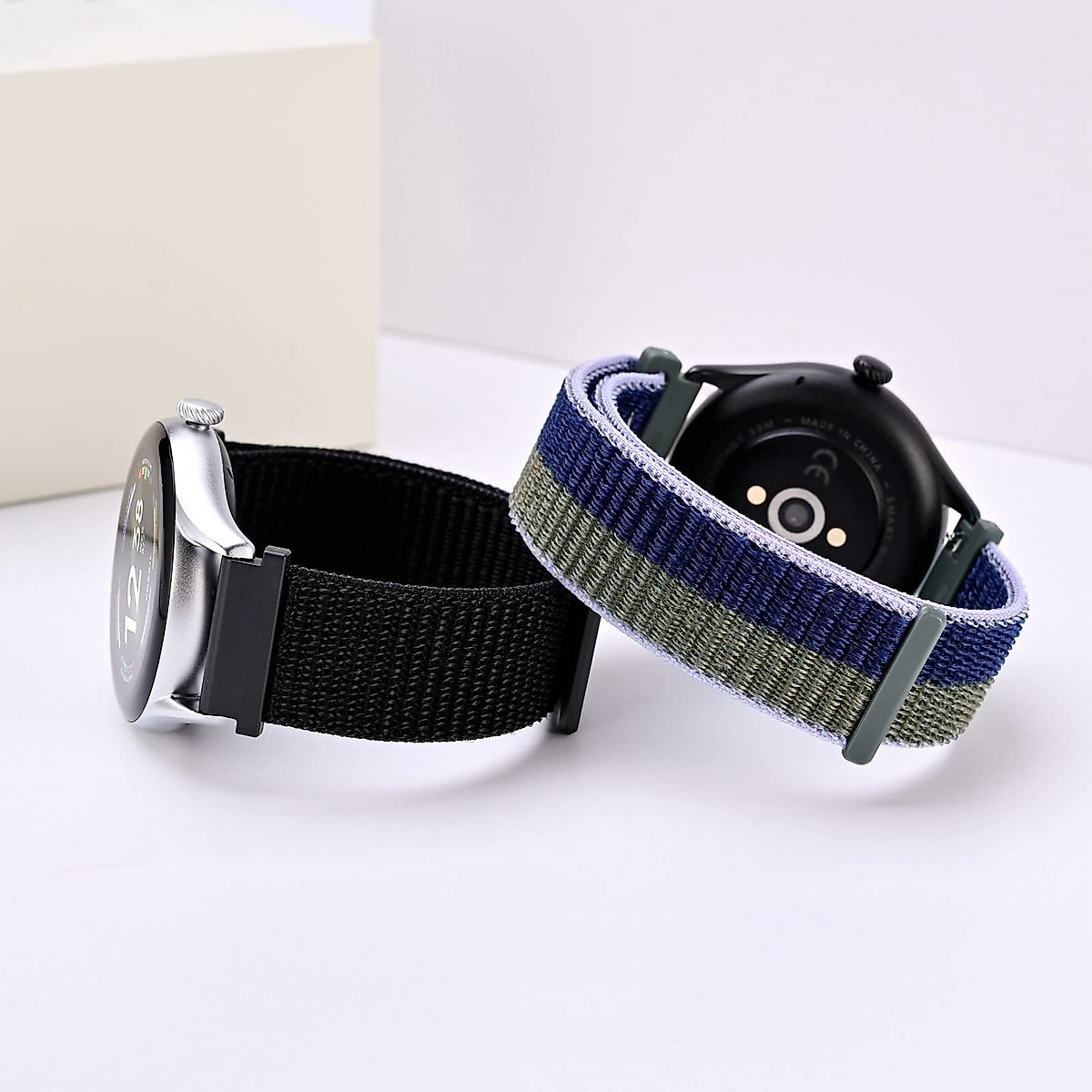 ANNEFIT Nylon Sport Loop Watch Bands 18mm, 2 Packs Quick Release Adjustable Strap for Men Women (Black and Blue Green)