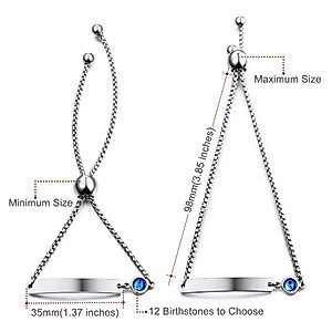 MeMeDIY Personalized Birthstone Bracelets Customized Gift Birthday Engraving for Women Girlfriend Mom Auntie Sister Best Friend Stainless Steel Friendship Adjustable (Silver Color)