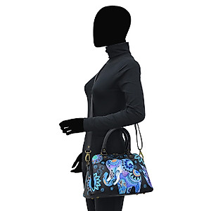 Anna by Anuschka Women's Anna Anuschka Hand Painted Women s Genuine Leather Wide Organizer Satchel Blue Elephant, Blue Elephant, One Size US