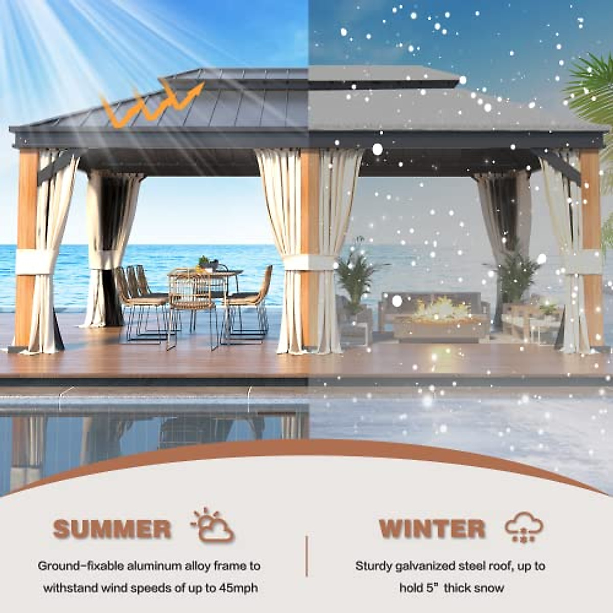 YOLENY 12' x 20' Ultra-thick Columns and Beams Hardtop Gazebo with Faux Wood Grain Aluminum Frame, Vertical Stripe Galvanized Steel Double Roof, Outdoor Patio Gazebo Pergolas with Netting and Curtains
