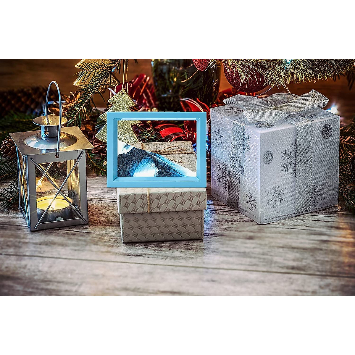 FUNJIA Moving Sand Art Picture, 3D Deep Sea Sandscape in Motion Display, Flowing Sand Art Decor for Sensory Calming Fidget, Desktop Home Office Work Decor (Blue)