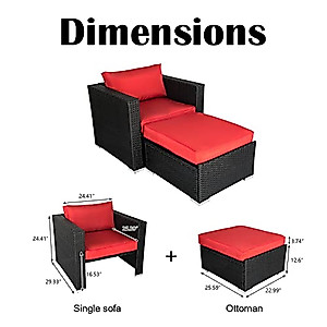 kinbor Patio Furniture Set, PE Rattan Chair with Ottoman and Cushions for Outdoor Balcony Porch Deck