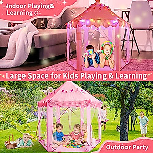 NABIYE Large Princess Tent for Girls, Kids Play Tent with LED Star Lights, 55'' x 53'' (DxH), Princess Toys, Princess Castle for Indoor and Outdoor Games, ASTM&CPC Certified Pink