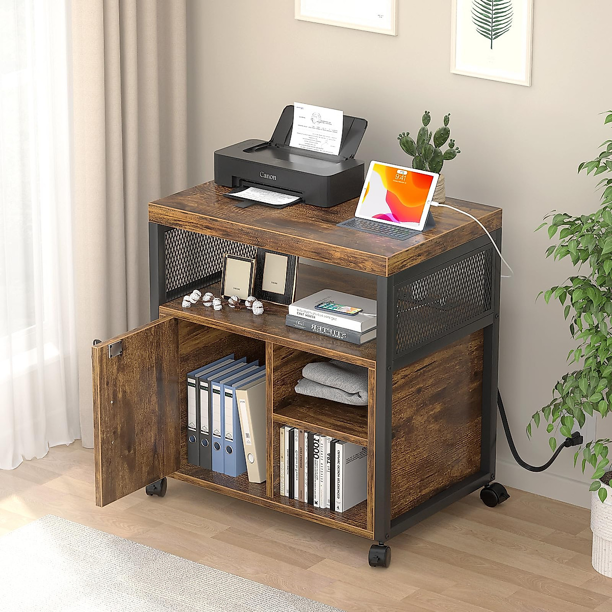 Unikito Lateral File Cabinet, Locking Office Filing Cabinets with Socket and USB Charging Port, Modern Rolling Printer Stand with Storage for A4, Letter Size and File Folders, Rustic Brown