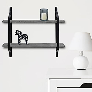 Halter Floating Shelves, 2 Tier Wall Mounted Shelves, Heavy Duty Brackets, Industrial Wood, Mounted, Above Toilet Bathroom Shelves, Bathroom Hanging Shelves with Curved Brackets, Medium, Grey Wood