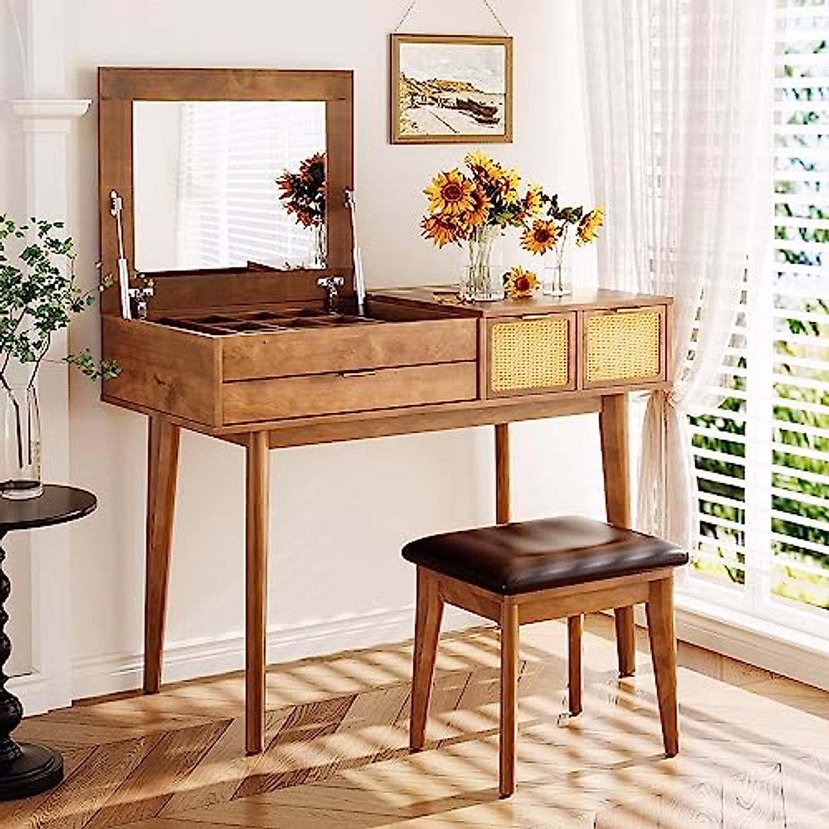 Tidyard 43.3" Classic Wood Makeup Vanity Set with Flip-top Mirror and Stool, Dressing Table with Three Drawers and Storage Space, Brown for Bedroom, Dressing Room
