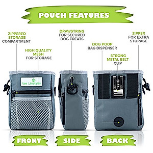 Paw Lifestyles – Dog Treat Training Pouch – Easily Carries Pet Toys, Kibble, Treats – Built-In Poop Bag Dispenser – 3 Ways To Wear – Grey