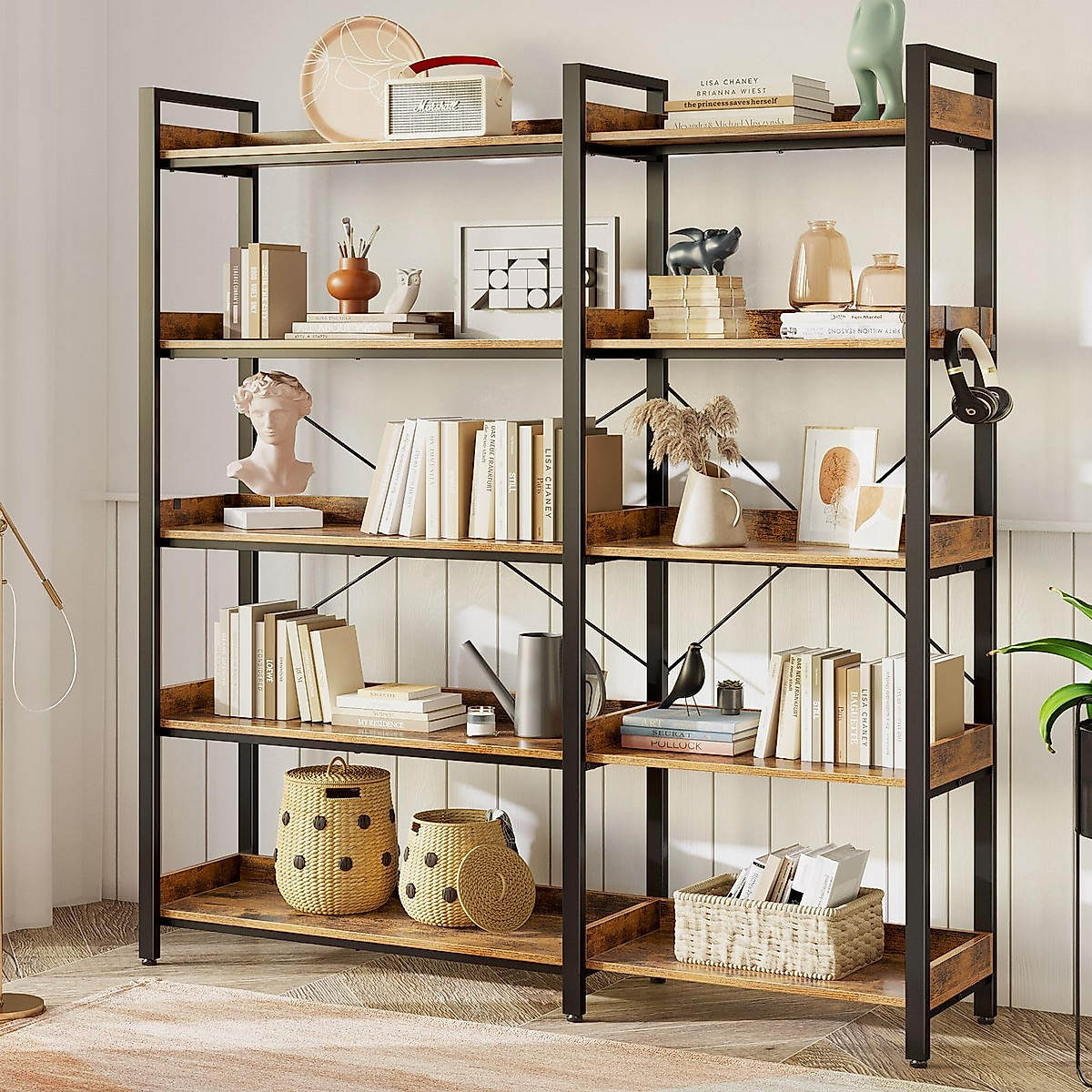 Rolanstar Bookshelf 5 Tier with 4 Hooks, Reversible Corner Bookshelf, 65" Industrial Wooden Bookcase with Open Shelves and Metal Frame for Living Room, Bedroom, Home Office, Rustic Brown