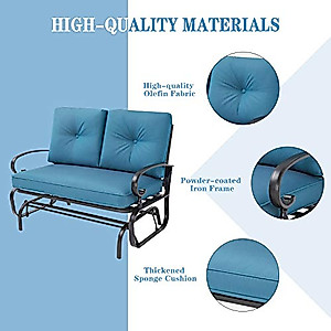 Cemeon Outdoor Glider Rocking Chair Patio Swing Glider Bench for 2 Person, Metal Frame Loveseat Chair with Cushions (Peacock Blue)