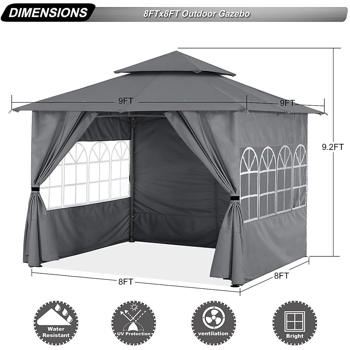 ABCCANOPY 8x8 Outdoor Gazebo - Patio Screened Gazebo with Curtains and Windows for Deck, Lawn and Backyard (Gray)