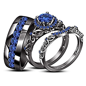 Triostar 14K Black Gold Plated 925 Silver Ladies Couple His & Hers Trio 3 Three Ring Bridal Matching Engagement Wedding Ring Band Set Women's Size 7 & Men's Size 9