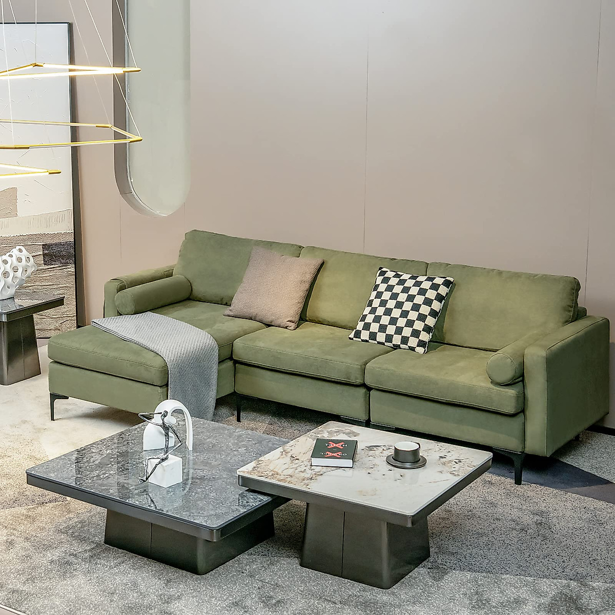 Giantex 97" Large Couch, 3 Seat Sectional Sofa Set, L-Shaped Modular Sleeper with Convertible Chaise Lounge, USB Ports, 3-Hole Socket, Storage Box, 2 Bolsters, Family Apartment Living Room, Green