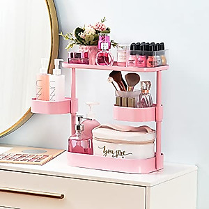 KINGRACK 3 Tier Bathroom Counter Organizer Rotatable, Metal Makeup Cosmetic Storage Holder, Standing Storage Rack, Vanity Trays Countertop Organizer for Perfume Skincare Supplies and Decor, Pink