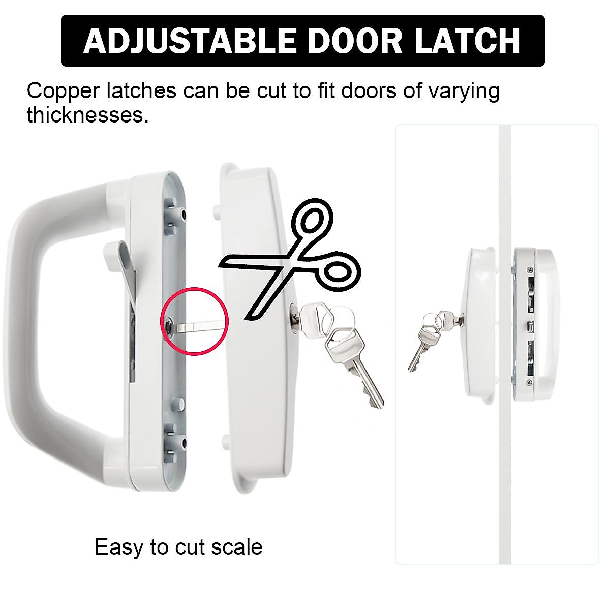 Sliding Patio Door Handle Set with Key and Mortise Lock ,(White ) Replacement Glass Sliding Door Lock Thickness from 0.75in to 1.4in, 4-15/16" Screw Hole Spacing，Reversible Design，Keyed，Lock Outside