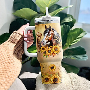99WHALE Horse Horseshoe Sunflowers, Tumbler 40 Oz With Handle Lid And Straw, Horse Gifts, Yellow Women For Coffee Horses Handle Music Tumblers Cups Lovers Sunflower