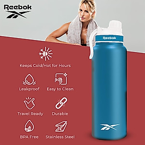 Reebok Stainless Steel Water Bottle With Athletic Design - Insulated Water Bottle 32 oz With Chug Lid - Double Wall Vacuum Insulated Sports Water Bottle, BPA Free (Blue)