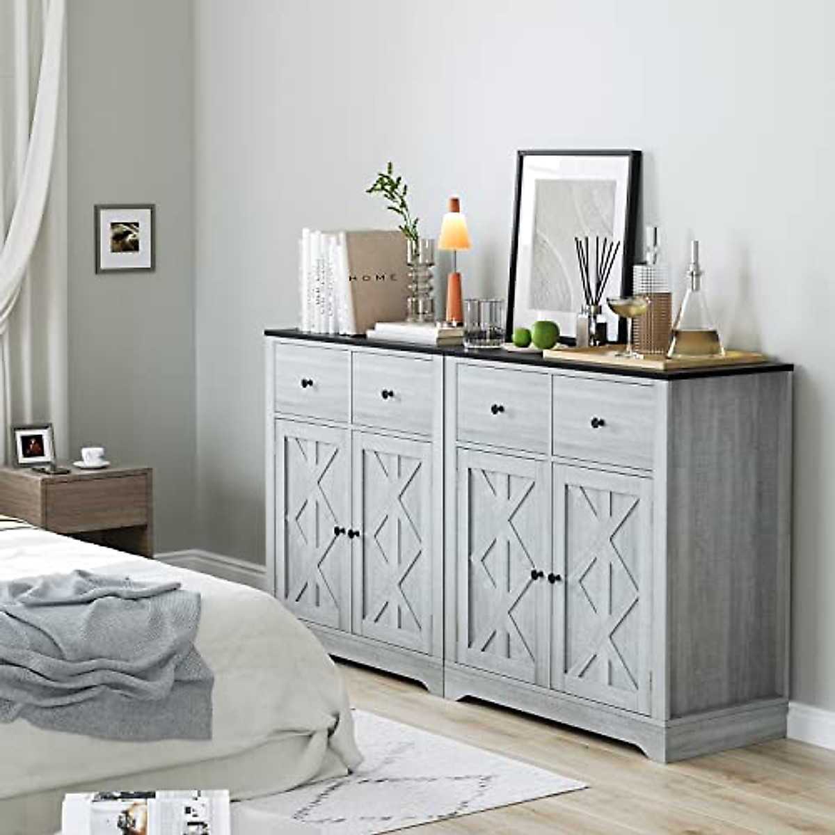 FOTOSOK Kitchen Cabinet with 2 Doors and 2 Drawers, Farmhouse Buffet Cabinet with Adjustable Shelves, Storage Cabinet Coffee Bar for Kitchen Entryway Living Room, Grey