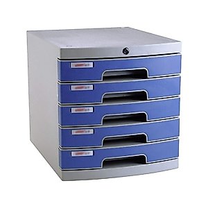 Flat File Cabinet,Desktop Lock Plastic Drawer Storage Organization, with Blank Label and 5 Drawers-Blue