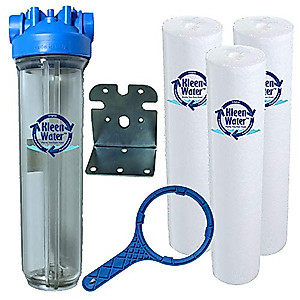 KleenWater Premier 4520 Water Filter System - Transparent (Clear) Housing - 1.5 Inch Inlet/Outlet - 40 GPM with Bracket, Wrench and Three KW4520G Meltblown 5 Micron Sediment Cartridges