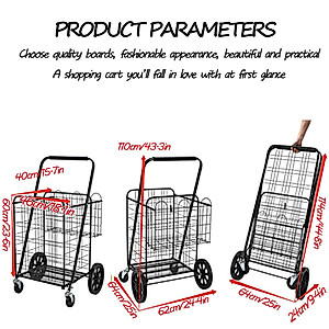 Shopping Cart for Groceries, Folding Grocery Cart with 360° Swivel Wheels & Double Basket, Portable Heavy Duty Utility Cart for Shopping/Laundry-Hold up to 440 Lbs