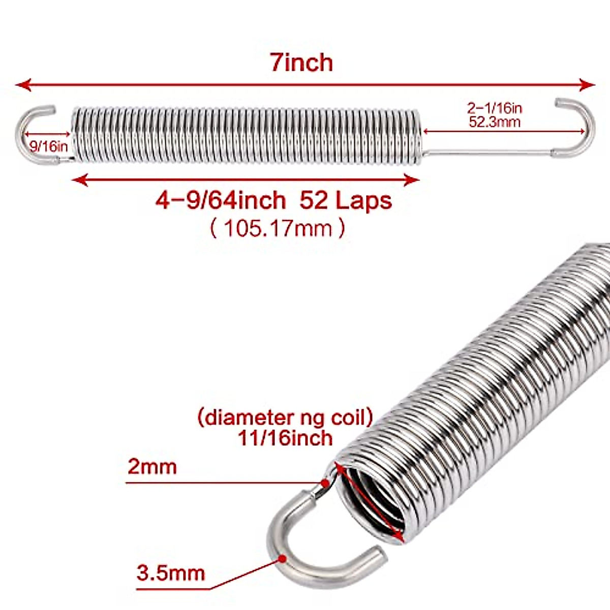GNPADR 7 inch (2Pcs) Replacement Recliner Sofa Chair Mechanism Tension Spring - Long Neck Hook Style