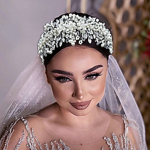 WONRLUA Pearl Bridal Headband, Wedding Headpiece for Bride, Rhinestone Bridal Hair Accessories
