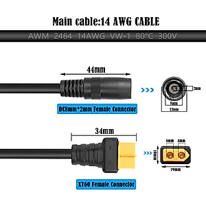 GINTOOYUN 2 PCS DC8020 to XT60 Power Cable 14AWG DC8mmx2.0mm Female to XT60 Female Power Cord for Solar Panel, Portable Charging Station,etc(59Inch)