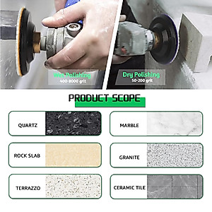 4 Inch Diamond Polishing Pads -11PCS Stone Polishing Kit, 50-3000 Grit with Two Different 5/8’’-11 Backer Pads for Granite, Marble, and Quartz Countertops - Use with Drill, Grinder, and Polisher.