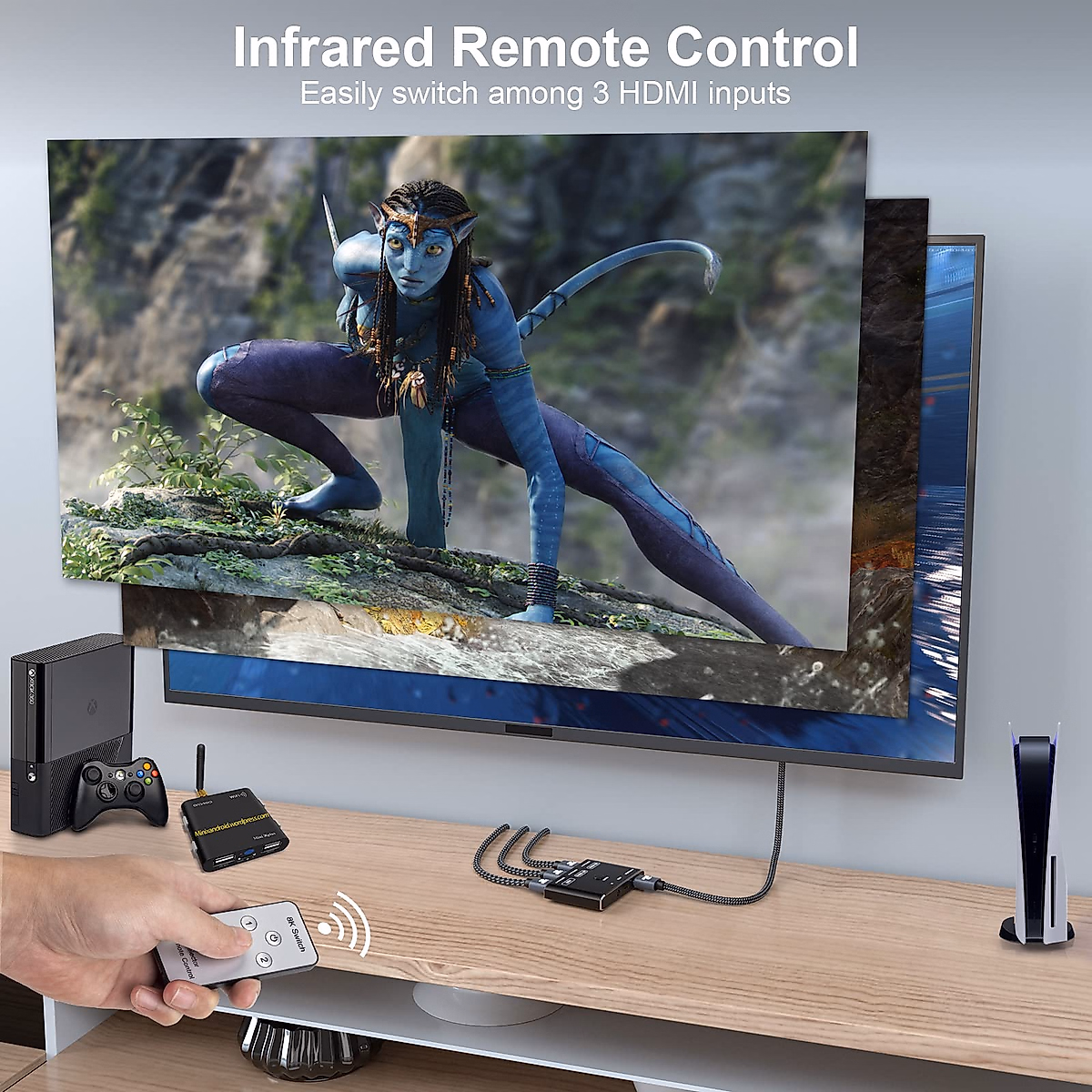 CABLEDECONN 3 Port HDMI 2.1 HDR 3In 1Out 8K Switcher with Remote Control Directional 8K@60Hz 4K@120Hz HDR 48Gbps 3D HDMI Video Converter Compatible with PS5 Xbox x HDMI TVs Monitors