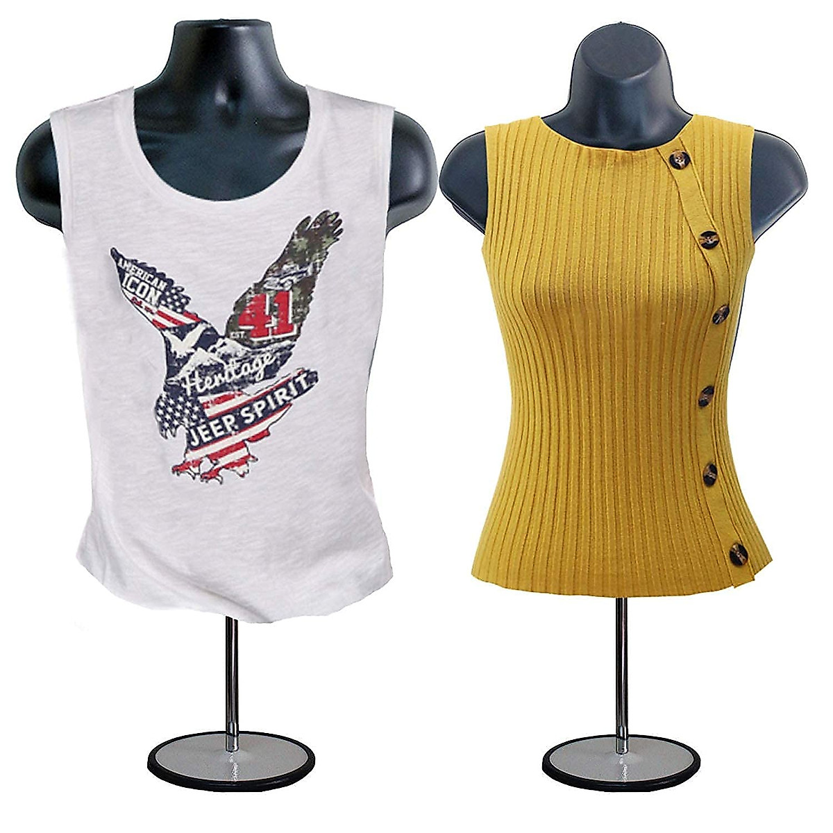 DisplayTown Black Male and Female Mannequin Torso with Metal Stand Hollow Back Body Stackable Dress Form for Tshirt Display, Countertop, Craft Shows, Photos and Design, S-M Clothing Size