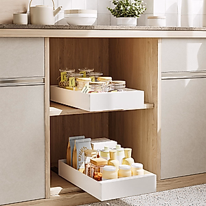 NETEL 2 Packs Pull Out Cabinet Organizer Fixed With Adhesive Nano Film, Heavy Duty Slide Out Pantry Drawers for Kitchen Cabinets, Living Room, Bathroom, 16.5" (L) x 9.8"(W) x 2.36"(H), White