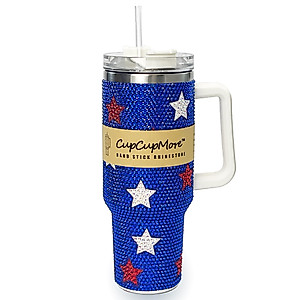 Cupcupmore 40oz Blue Star Bling Rhinestone Stainless Steel Sippy Tumbler Glitter Vacuum Insulated Water Bottle with Straw & Lid &Handle,Thermos for Hot & Cold Drinks,Car Cup Holder,Coffee