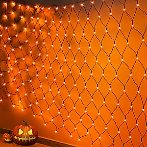 TURNMEON 360 LED 12Ft x 5Ft Halloween Net Lights Outdoor with 8 Flash Modes, Timer, Plug in, Orange Red Mesh Lights, Connectable Waterproof Halloween Decoration Outside Outdoor Bushes Yard Garden Tree