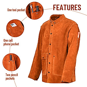 QeeLink Leather Welding Jacket - Flame-Resistant Heavy Duty Work Welder Jackets - Split Cowhide Welding Coat for Men Women (Large)