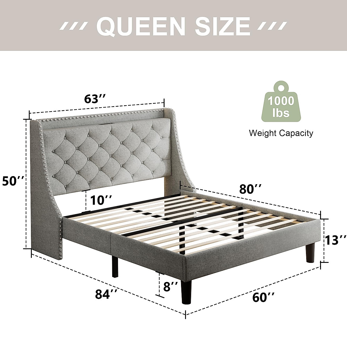 Feonase Queen Bed Frame with Luxury Wingback Upholstered Button Tufted Storage Headboard, Queen Platform Bed with Charging Station, Sturdy Wooden Slats Support, Noise-Free, Easy Assembly, Light Gray