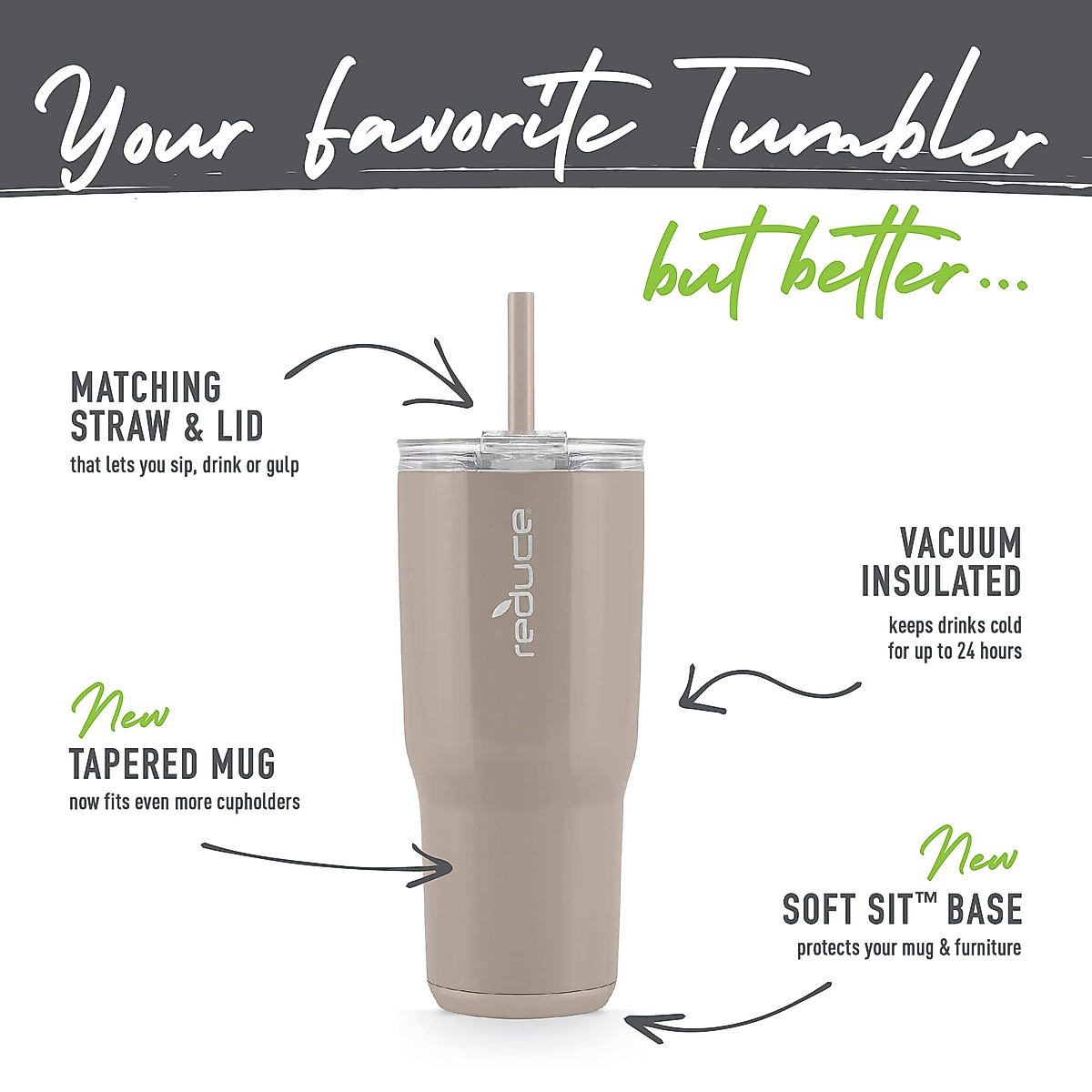 REDUCE Cold1 24 oz Tumbler with Lid and Straw - Dual-Wall Vacuum Insulated Stainless Steel Tumbler - Keeps Drinks Cold up to 24 Hours - Inner Ounce Markings to Track Hydration - OG Sand