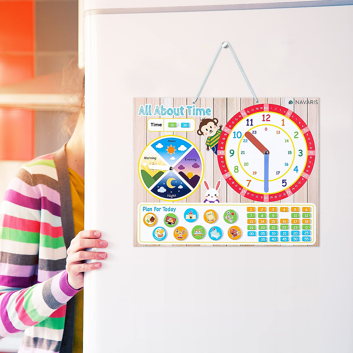 Navaris Kids Magnetic Clock - Early Years Learning - Time Telling and Time of Day Educational Chart for Children - Kids Wall Board - English, Beige