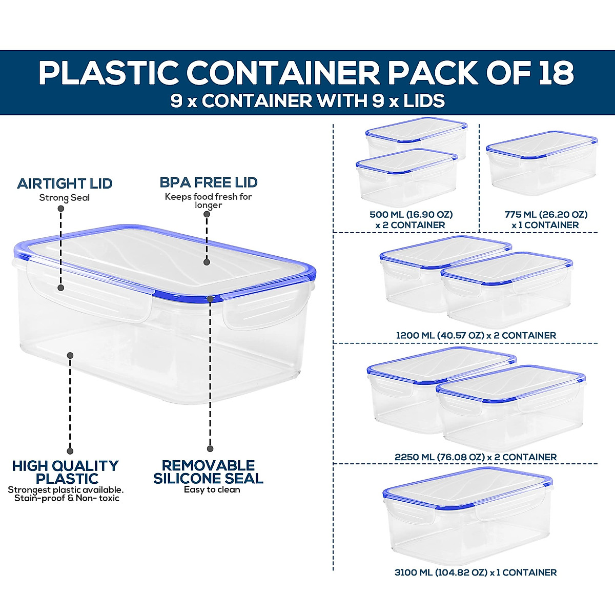 Utopia Kitchen Plastic Food Storage Container Set with Airtight Lids - Pack of 18 (9 Containers & 9 Snap Lids) - Reusable & Leftover Food Lunch Boxes - Leak Proof, Freezer & Microwave Safe