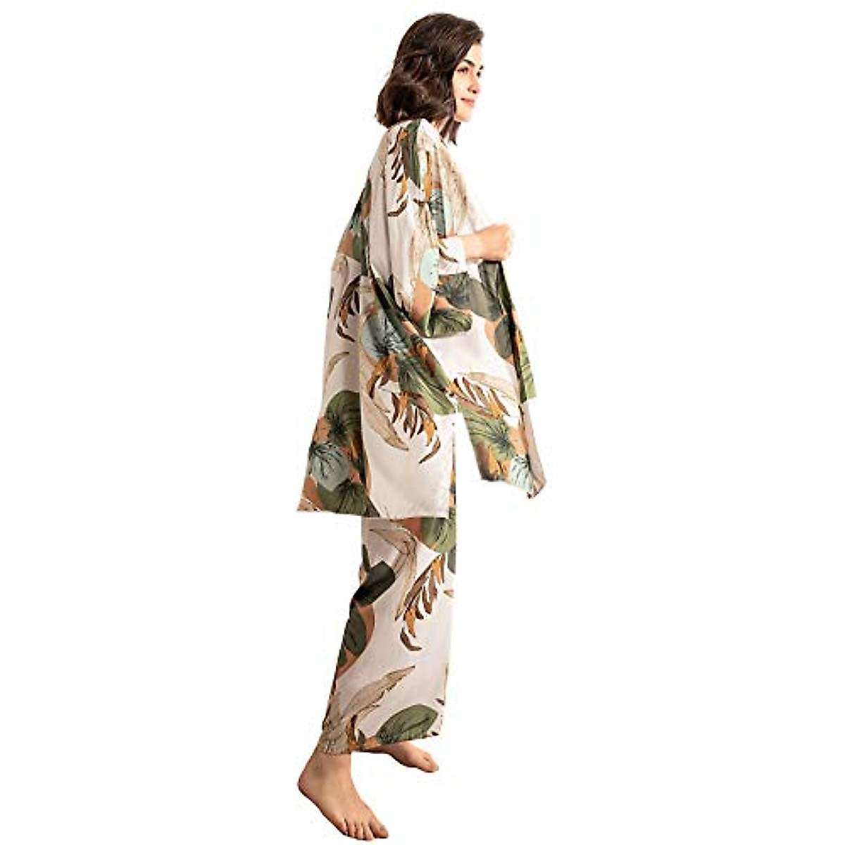 WDIRARA Women's 3 pcs Sleepwear Leaf Print Cami and Pants Pajama Set with Robe Multicolor M