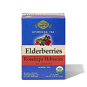 Herbal Cup Ayurveda Elderberries Tea, Organic Rosehips Hibiscus, No Caffeine Herbal Supplement (16 Count, Pack of 1)