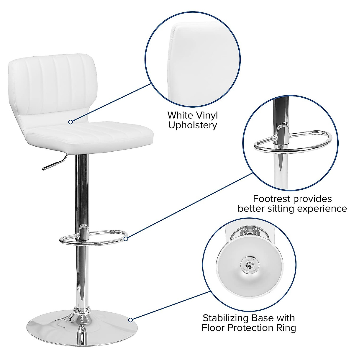 Flash Furniture Jeremy Contemporary White Vinyl Adjustable Height Barstool with Vertical Stitch Back and Chrome Base