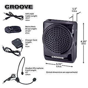 Croove Rechargeable Voice Amplifier Microphone Headset, Supports MP3 | Portable Microphone and Speaker Set with Waist/Neck Band & Belt Clip | Voice Amplifier Ideal for Teachers