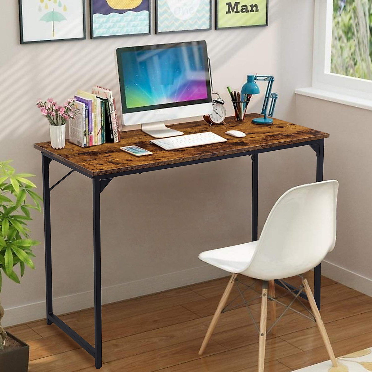 HCB Computer Desk 39inch Home Office Desk Writing Study Table Modern Simple Style PC Desk with Black Metal Frame(Brown),39x20x29inch